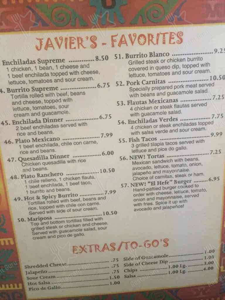 Menu at Javier's Mexican Grill restaurant, Chipley, Main St