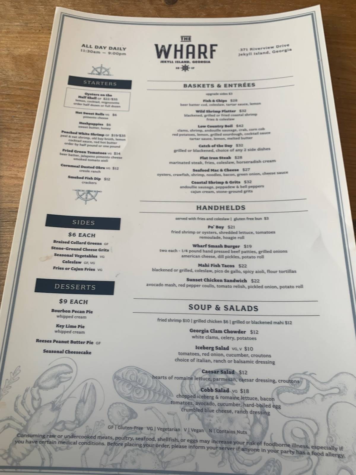 Menu at The Wharf restaurant, Jekyll Island