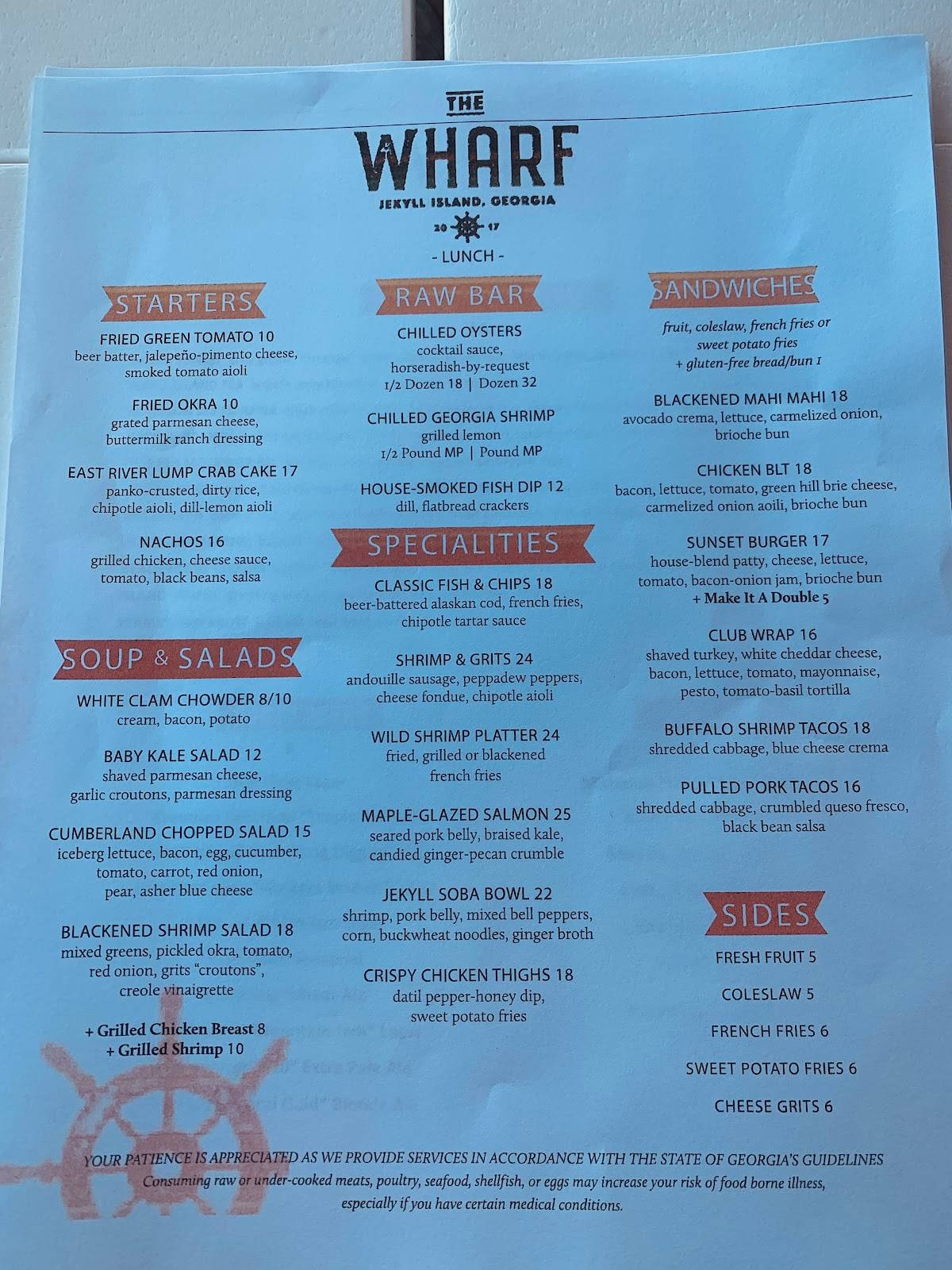Menu at The Wharf restaurant, Jekyll Island