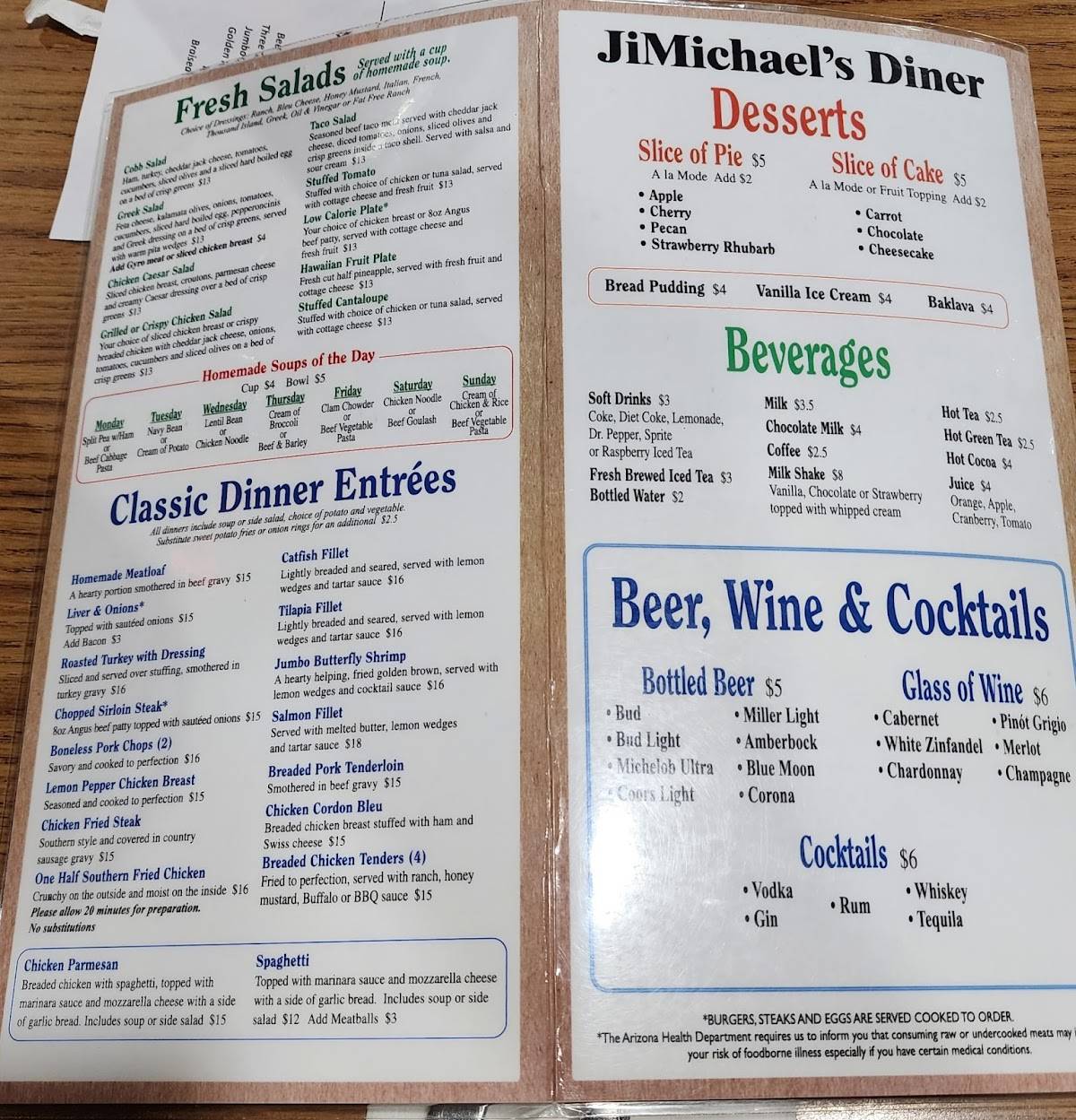 Menu at JiMichael's Diner restaurant, Sun City