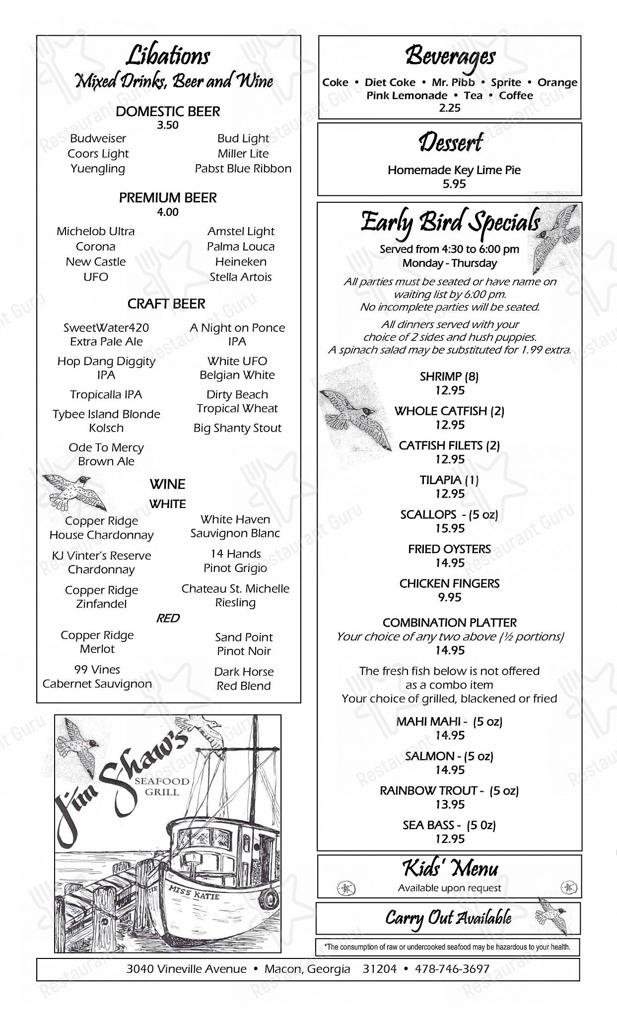 Menu at Jim Shaw's Seafood Grill restaurant, Macon