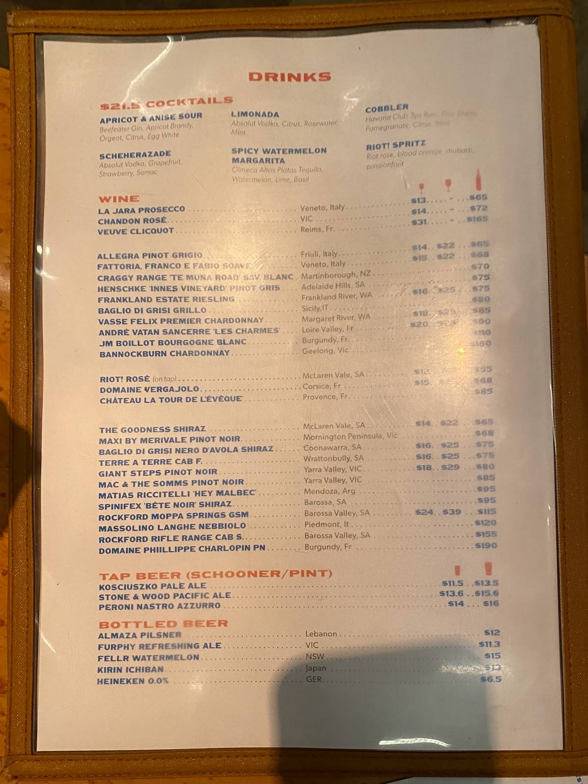 Menu at Jimmy’s Falafel restaurant, Sydney