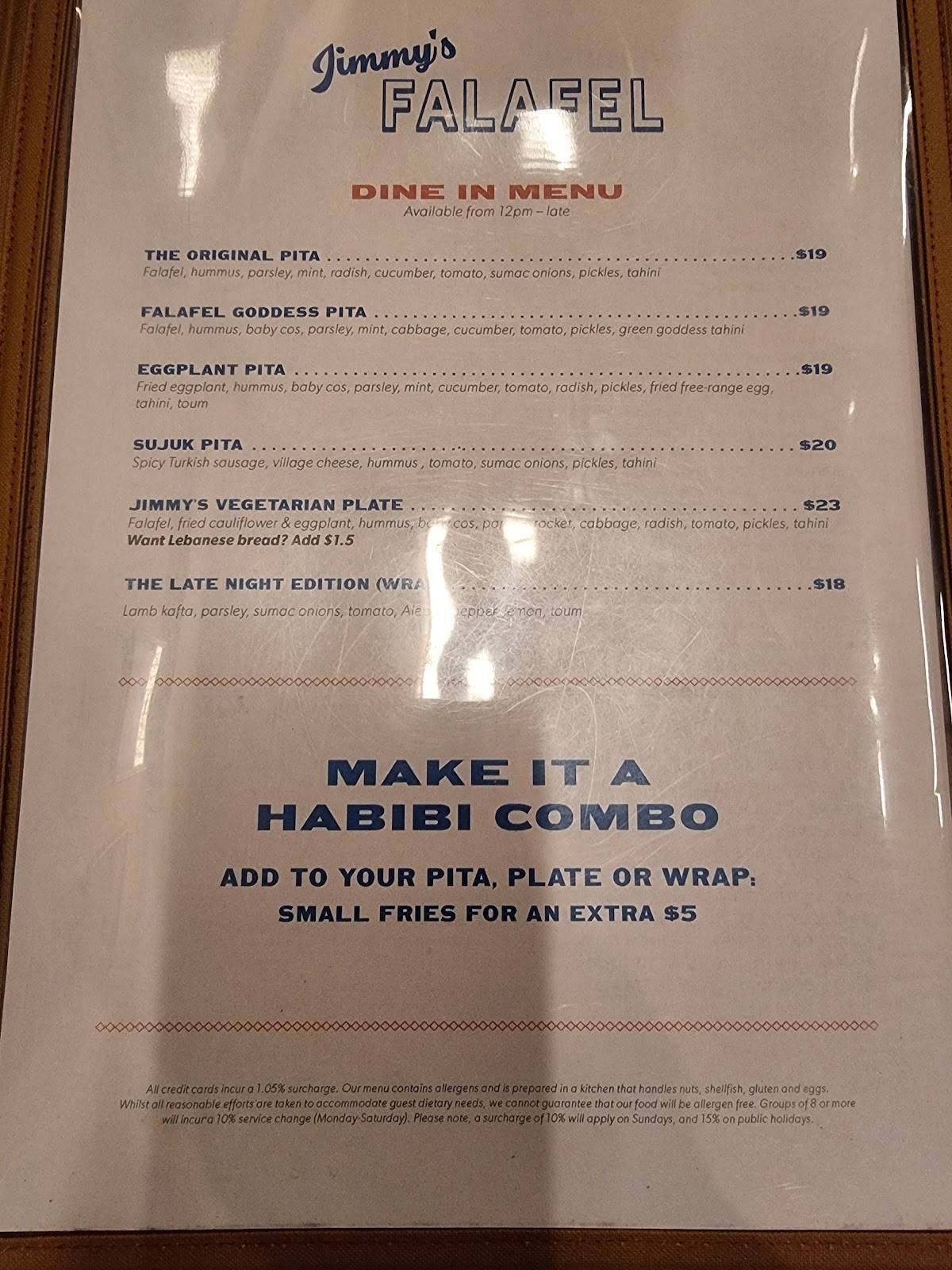Menu at Jimmy’s Falafel restaurant, Sydney