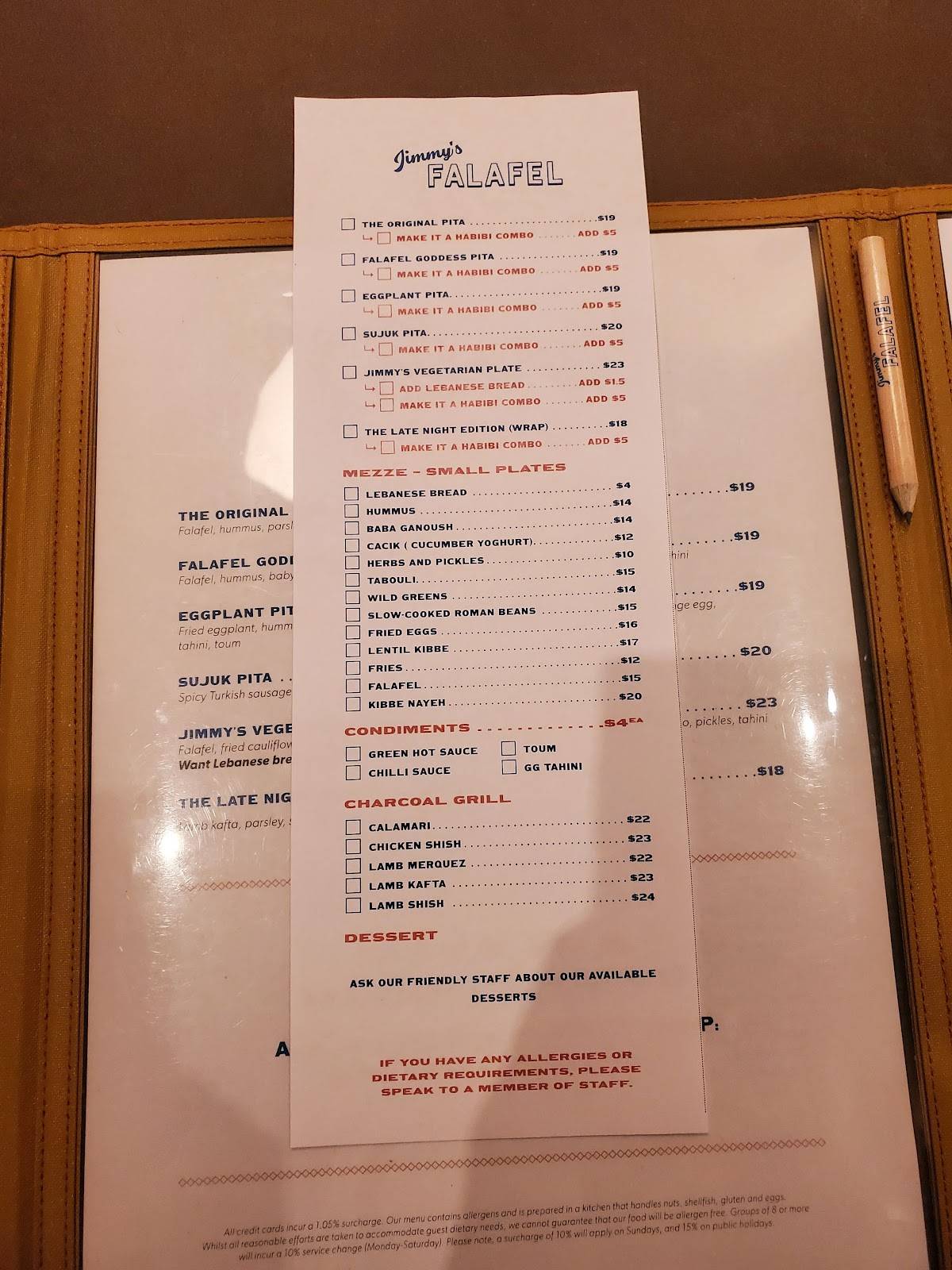 Menu at Jimmy’s Falafel restaurant, Sydney