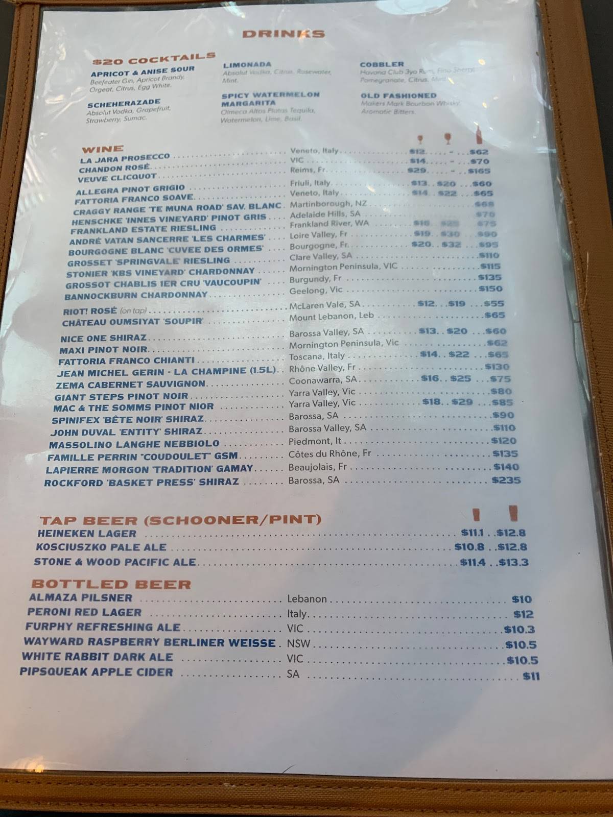 Menu at Jimmy’s Falafel restaurant, Sydney