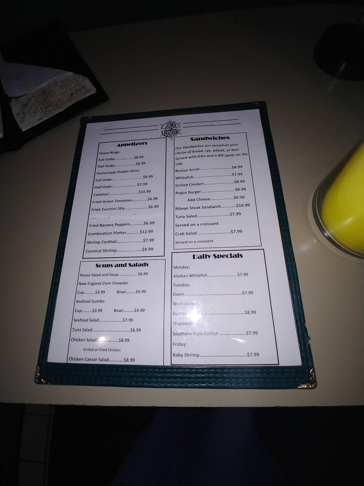 Menu at Jim's Seafood restaurant, Frankfort
