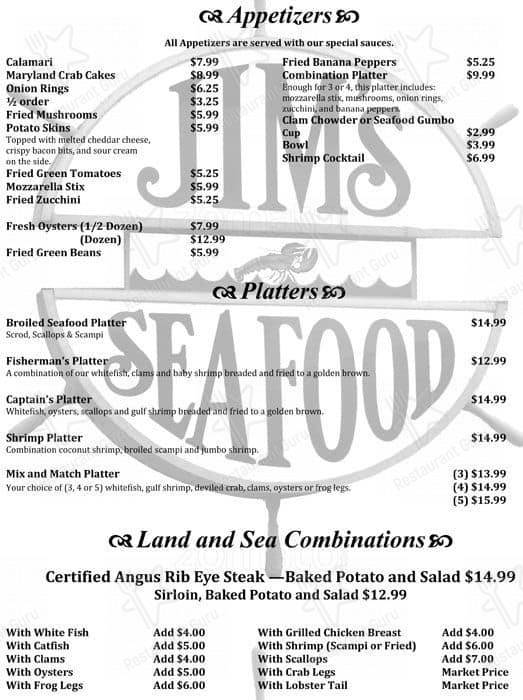 Menu at Jim's Seafood restaurant, Frankfort