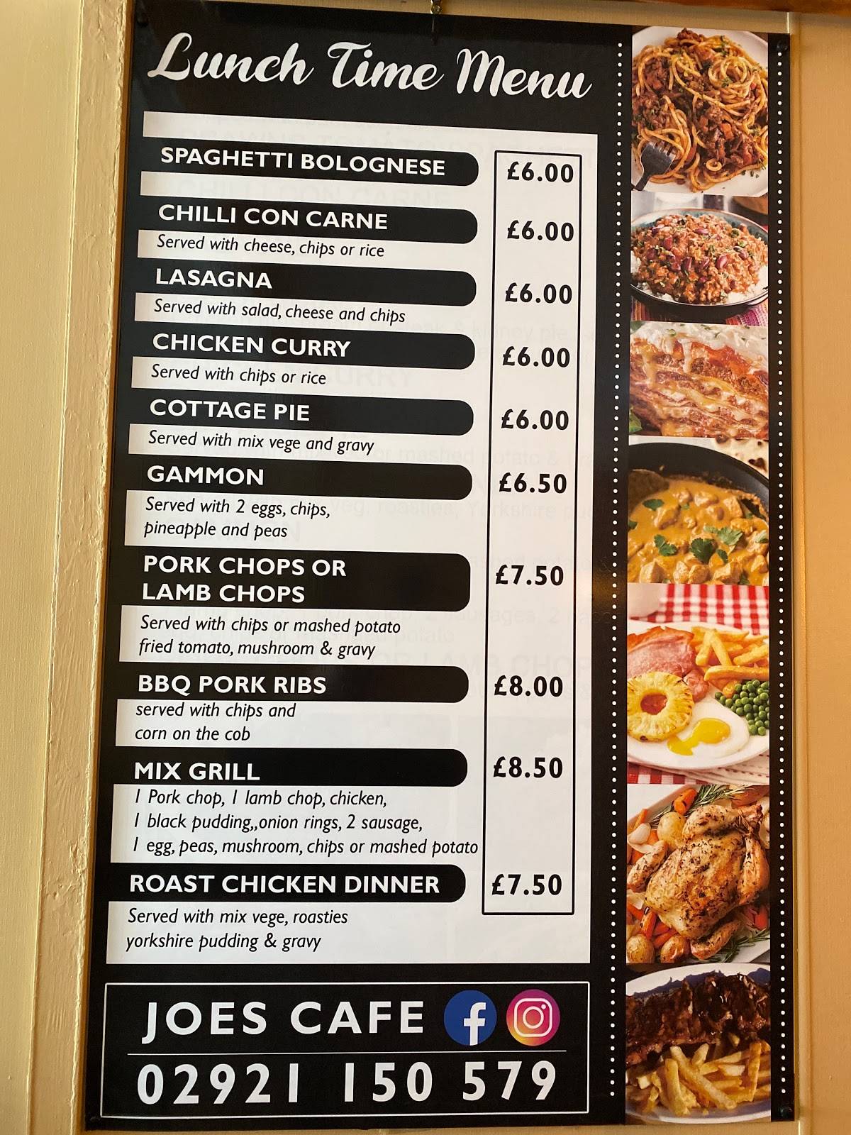 Menu at Joes Cafe, Cardiff