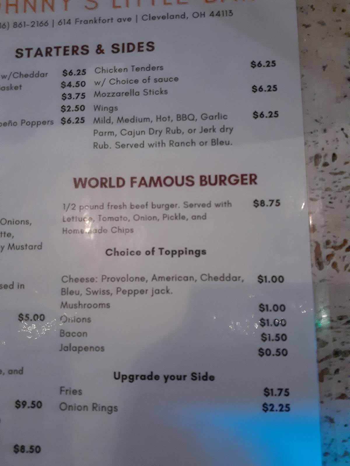 Menu at Johnny's Little Bar, Cleveland