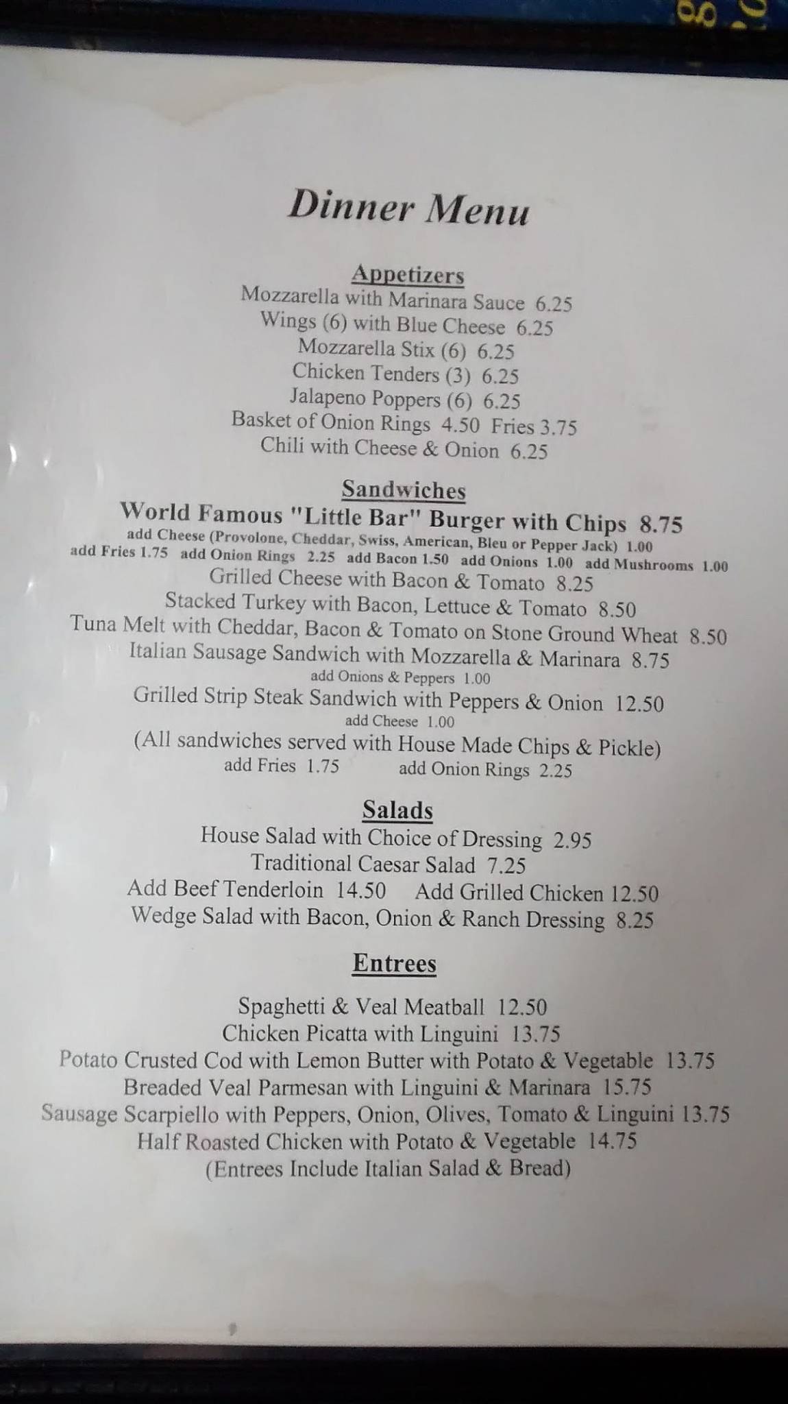 Menu at Johnny's Little Bar, Cleveland