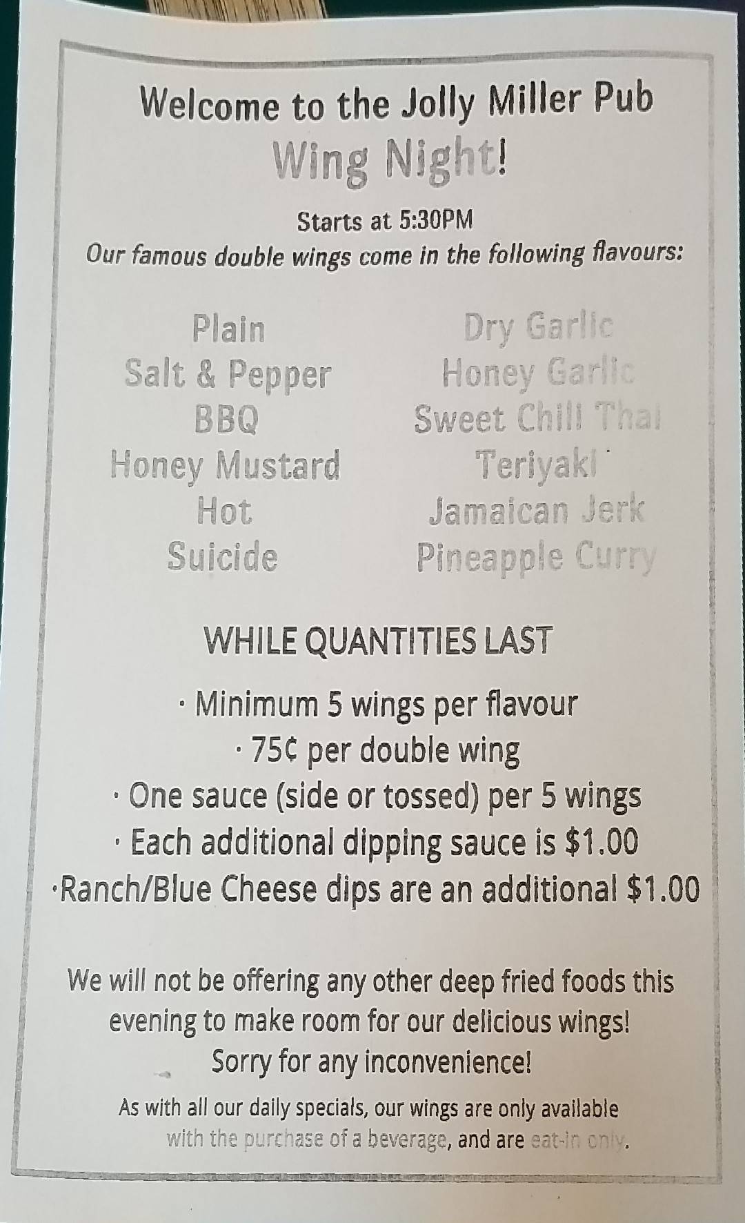 Menu at Jolly Miller Pub, Chilliwack