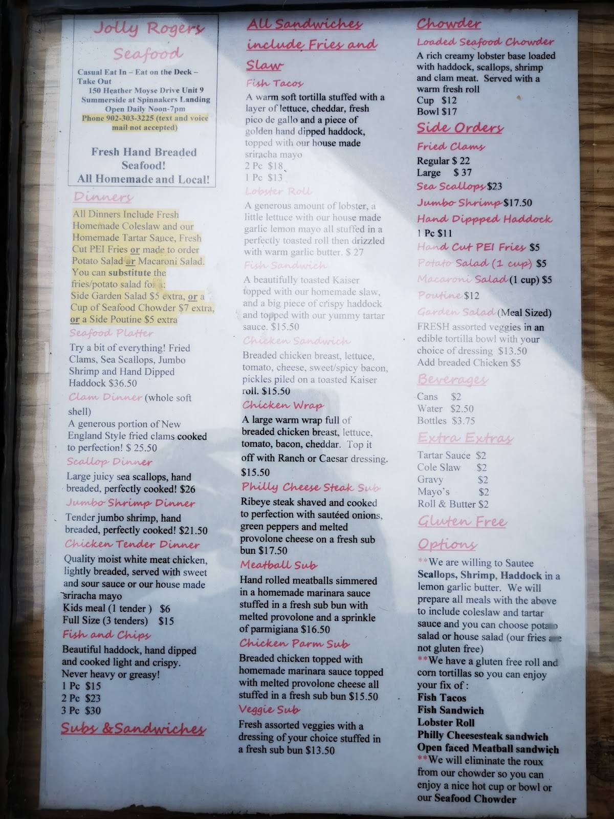 Menu at Jolly Rogers Seafood restaurant, Summerside
