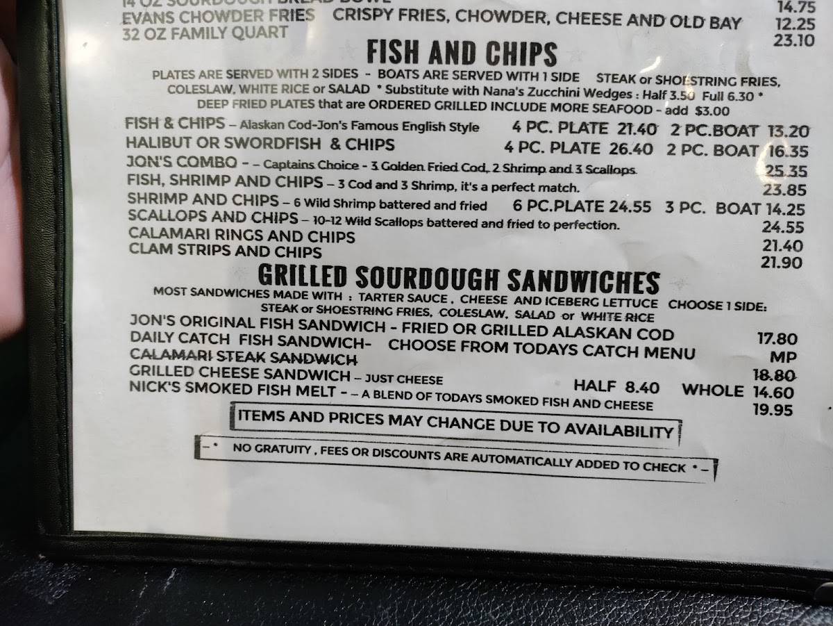 Menu at Jon's Fish Market restaurant, Dana Point
