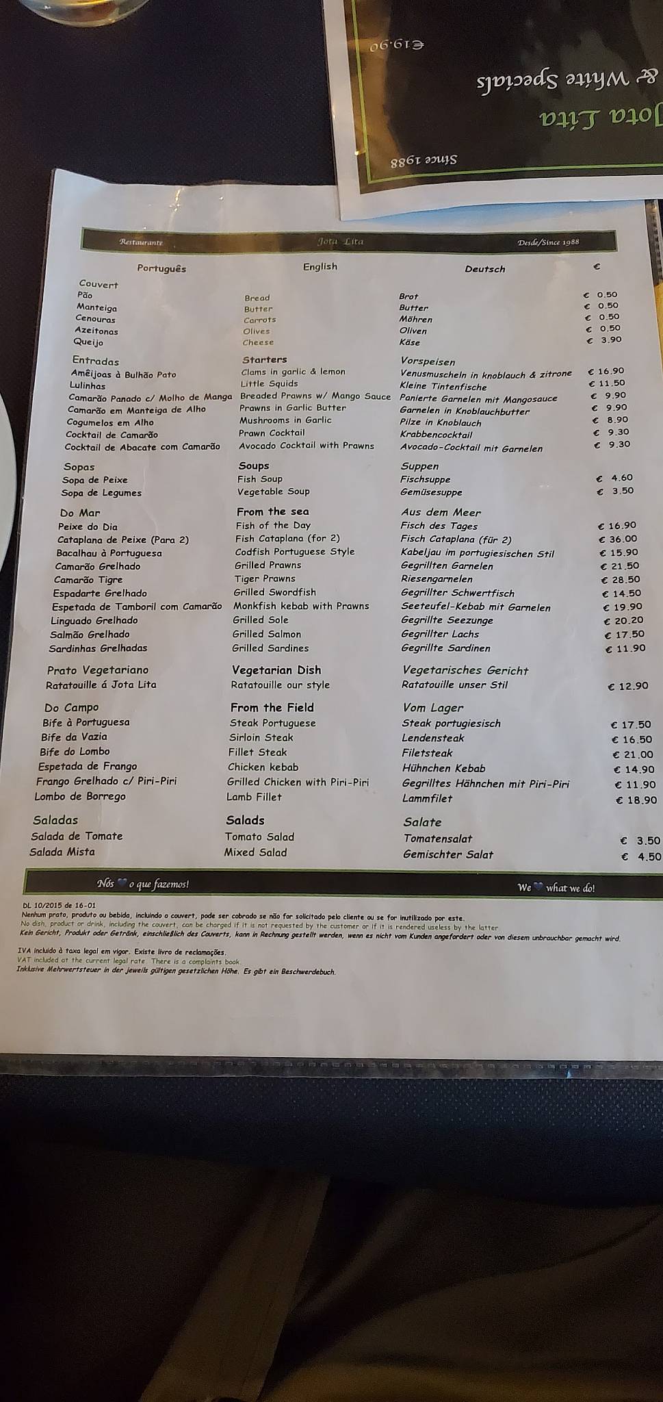 Menu at Jota Lita restaurant, Lagoa