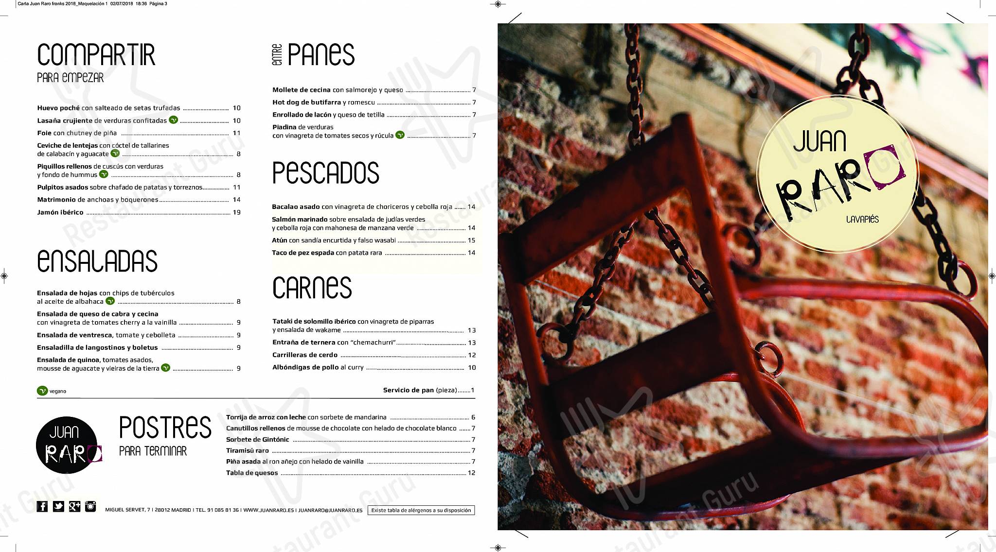 Carta de cafetería Juan Raro, Madrid