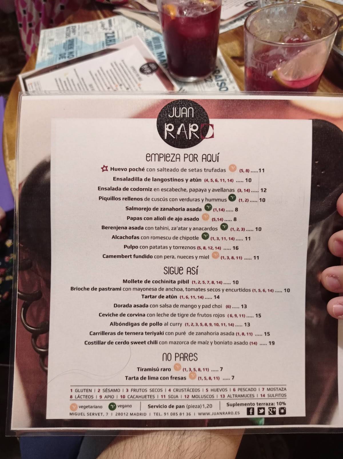 Carta de cafetería Juan Raro, Madrid