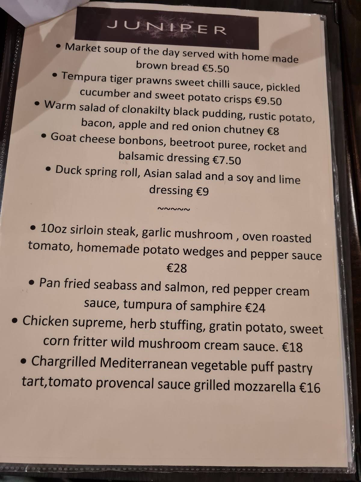 Menu at Juniper Restaurant, Mallow