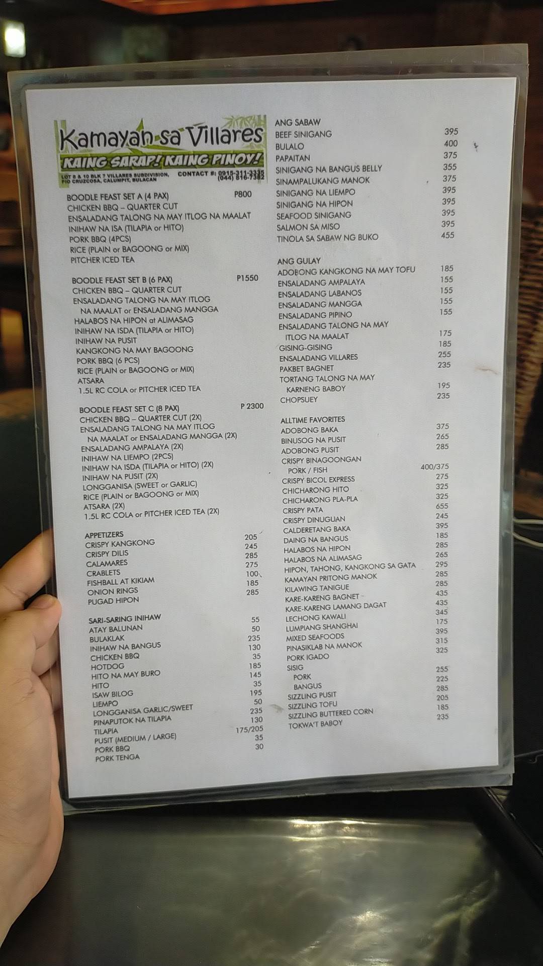 Menu at Kamayan sa Villares restaurant, Calumpit, VQVM+C5J