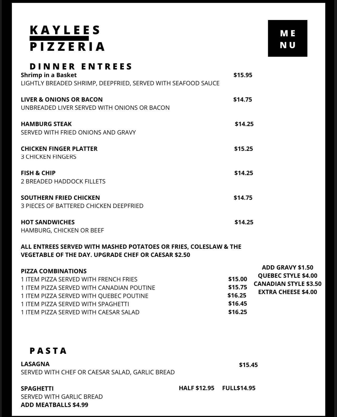 Menu at Kaylee's Pizzeria, Kapuskasing