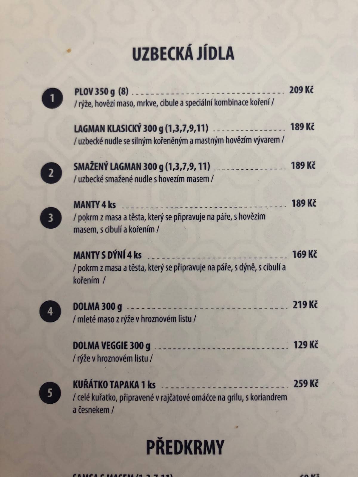Menu at Karavan Bistro restaurant, Prague