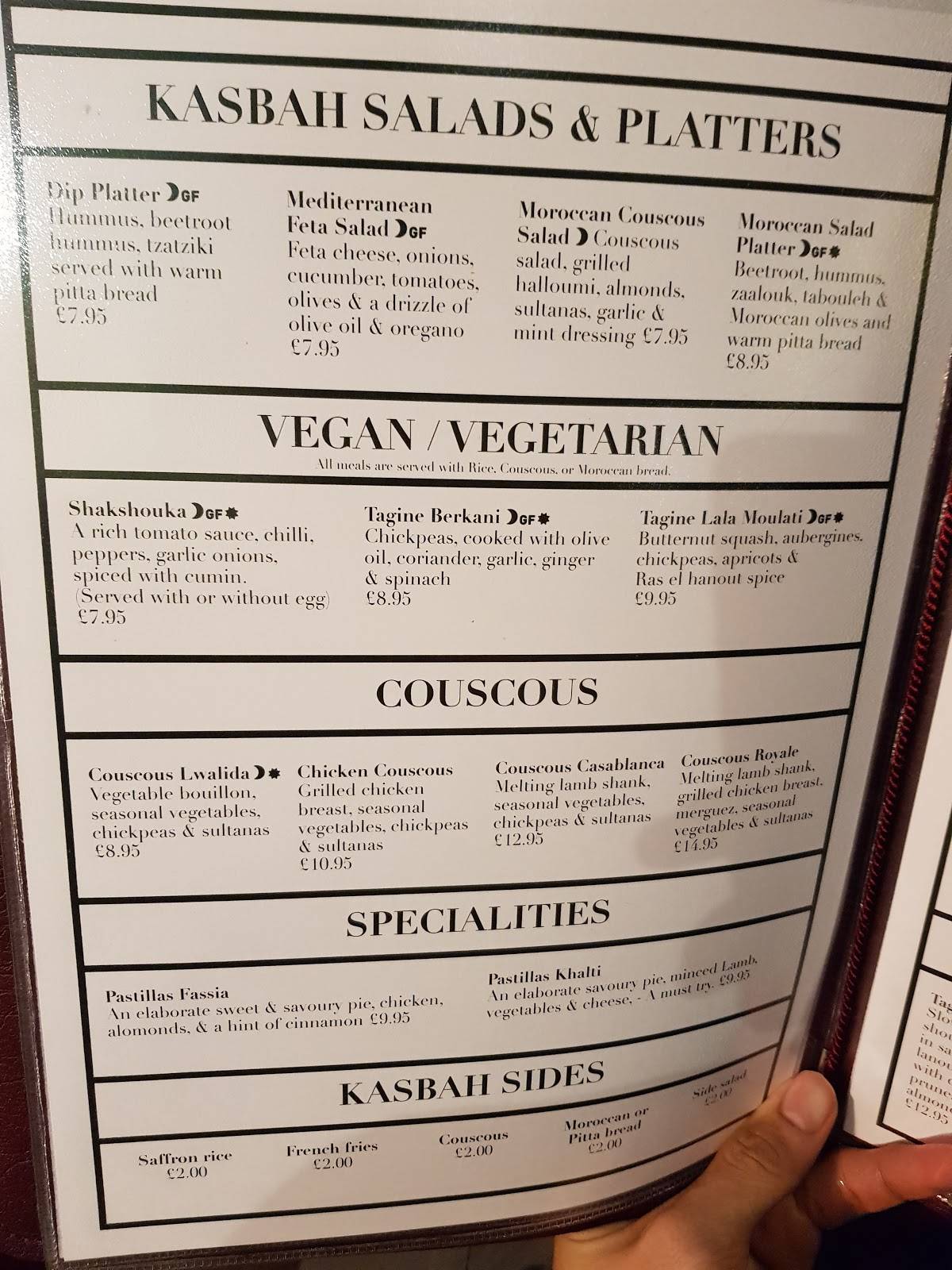 Menu at Kasbah Cafe Bazaar, Liverpool, 72 Bold St