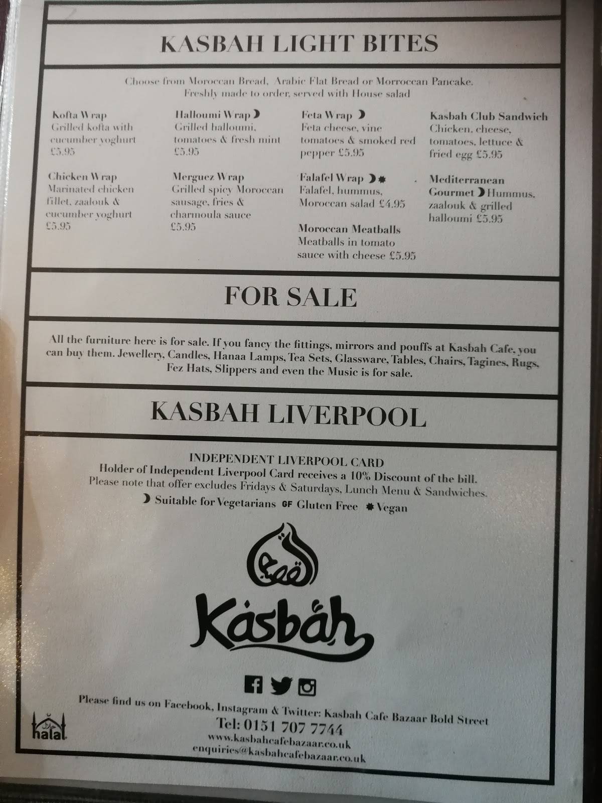 Menu at Kasbah Cafe Bazaar, Liverpool, 72 Bold St