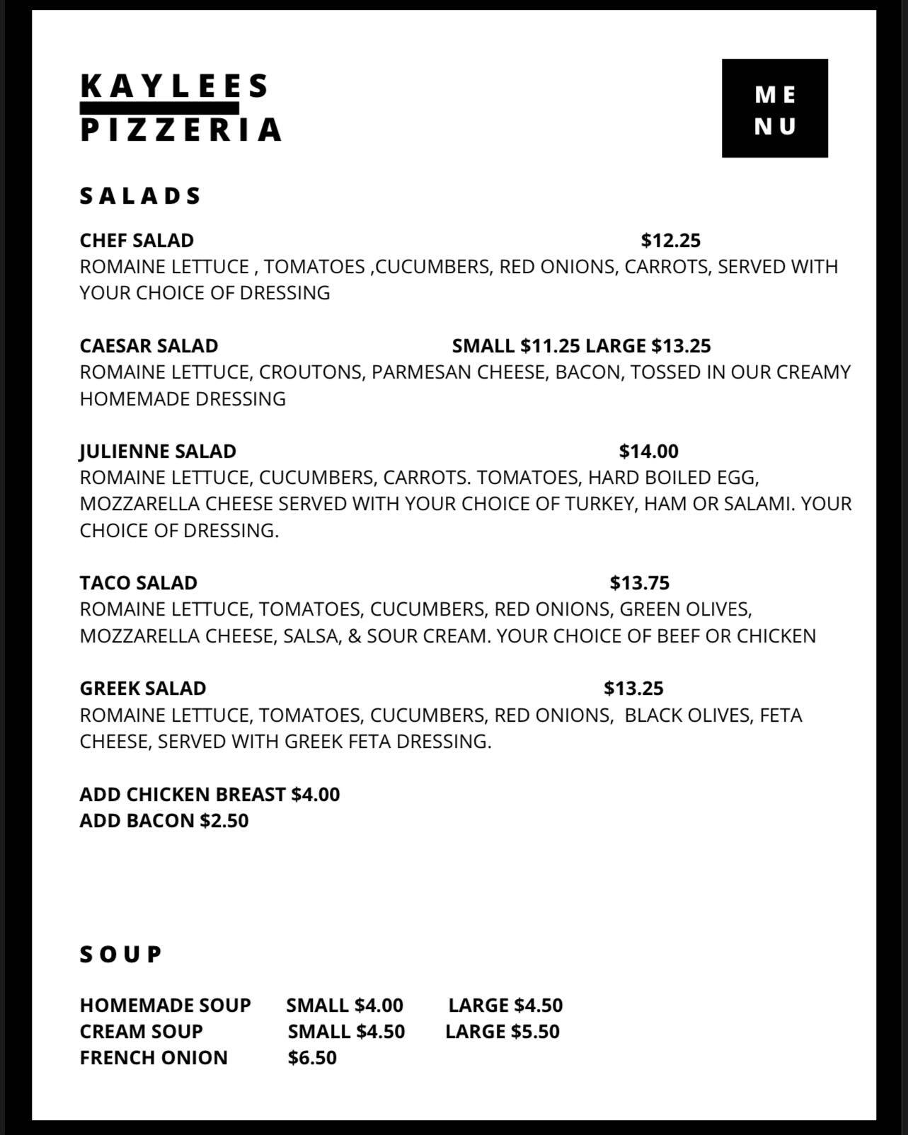 Menu at Kaylee's Pizzeria, Kapuskasing