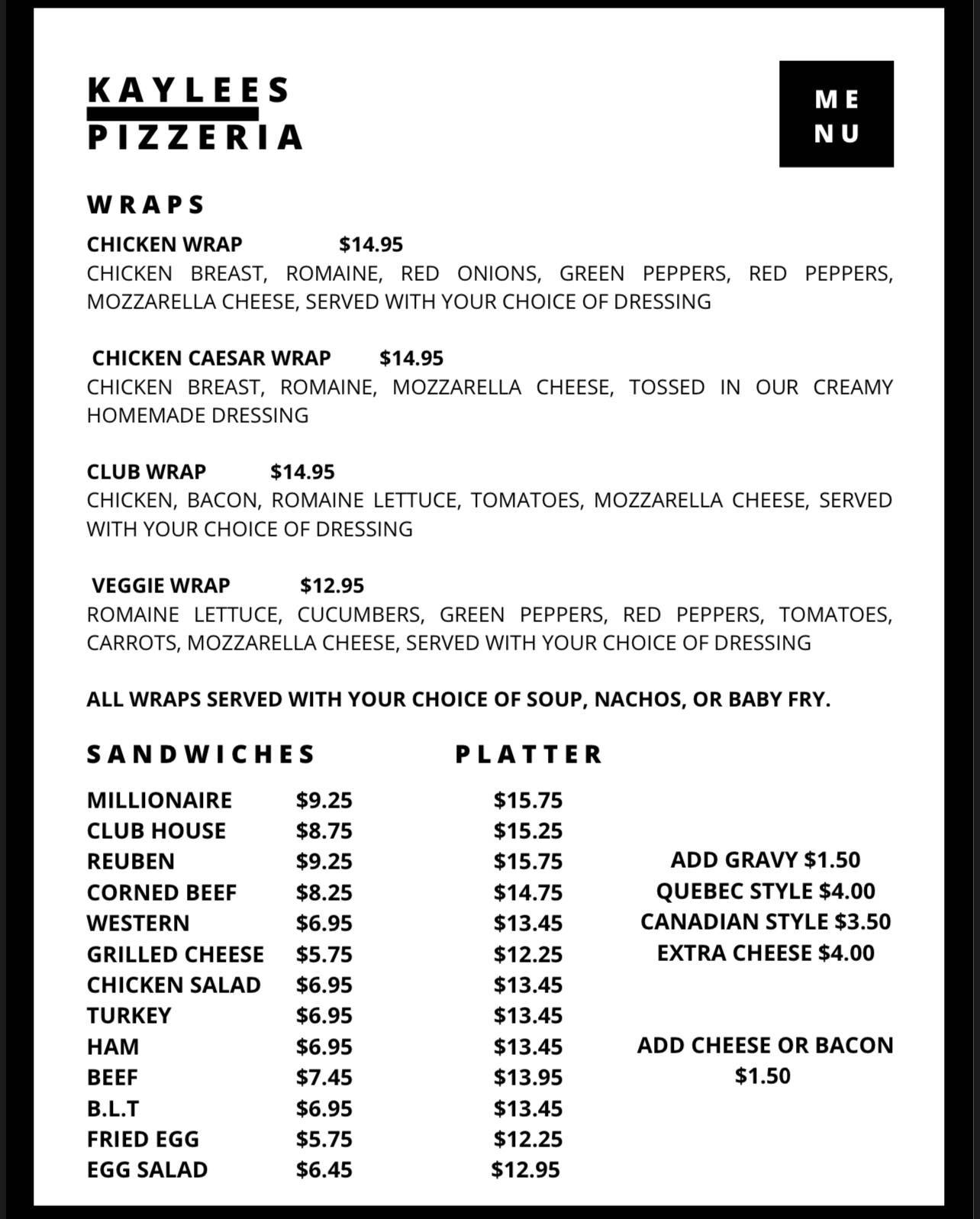 Menu at Kaylee's Pizzeria, Kapuskasing