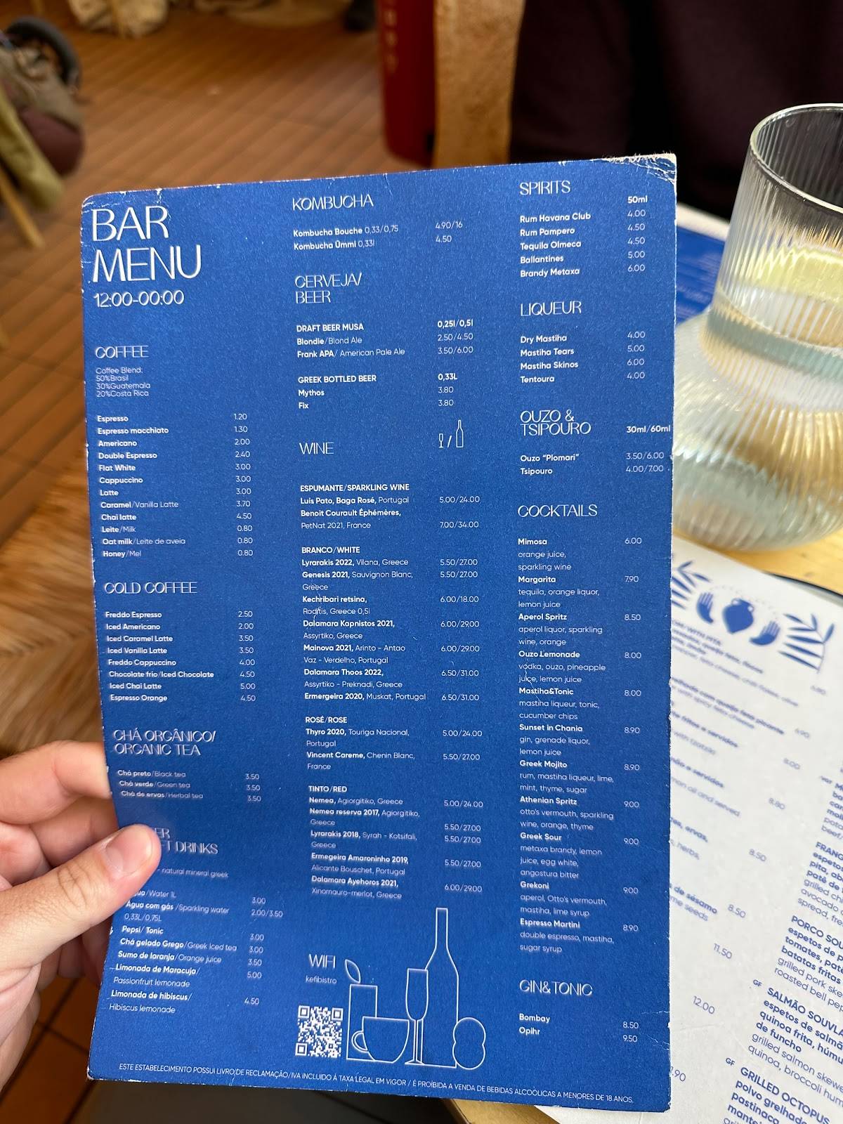 Menu at Kefi Greek Bistro restaurant, Lisbon