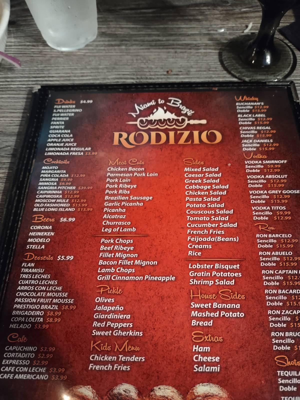 Menu at Miami to Brazil Rodizio steakhouse, Kendall West