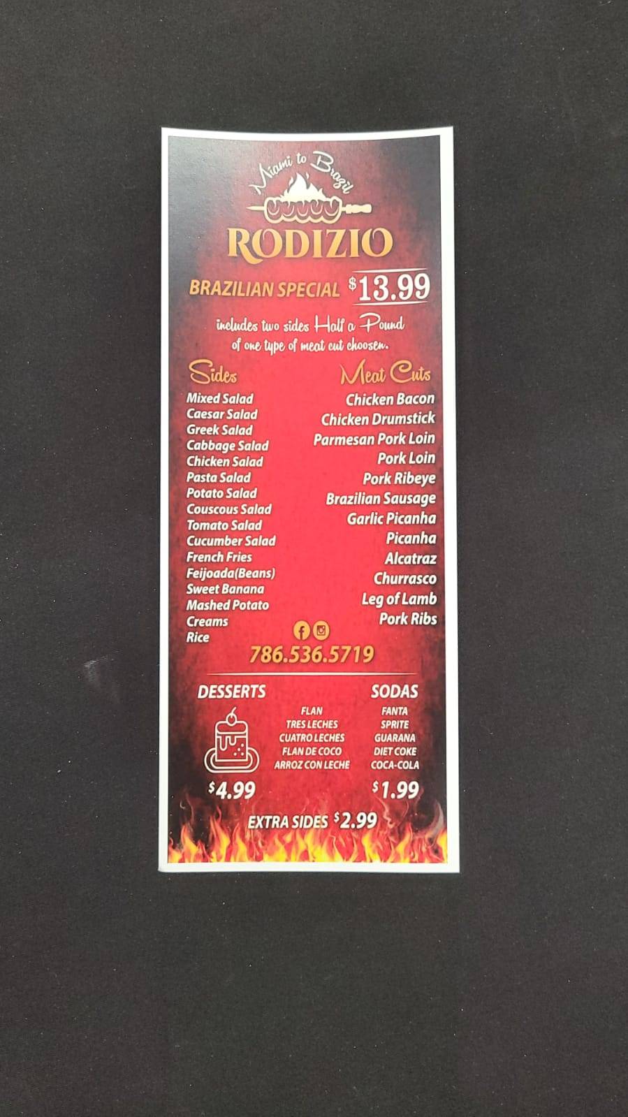 Menu at Miami to Brazil Rodizio steakhouse, Kendall West