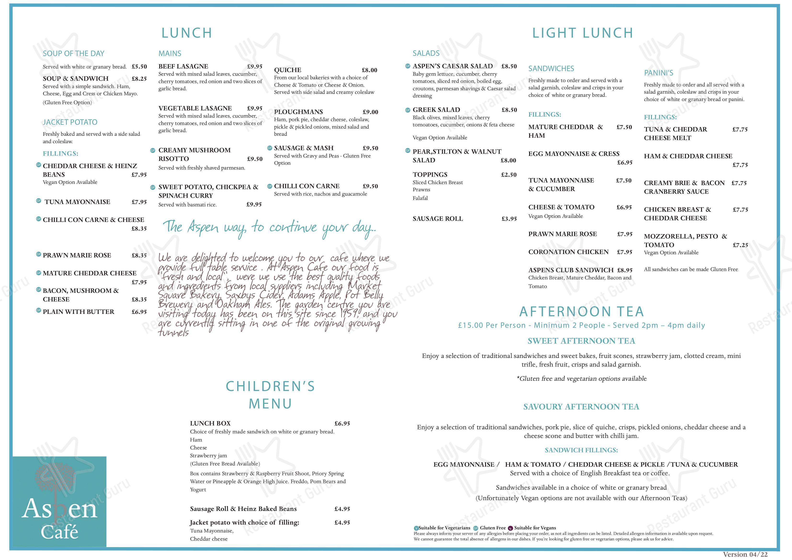 Menu at Bosworth's Garden Centre restaurant, Kettering