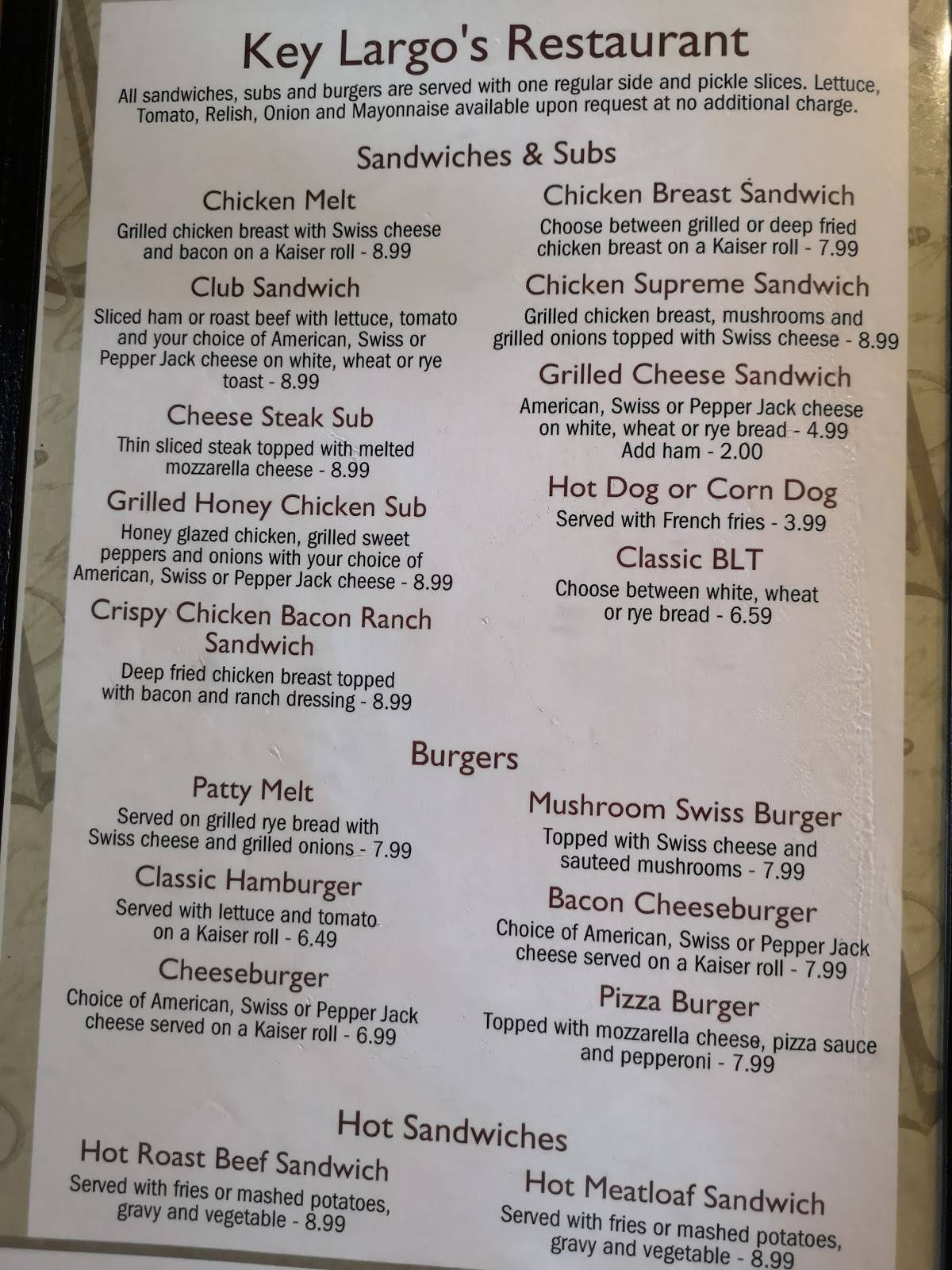 Menu at Key Largo's restaurant, Allport