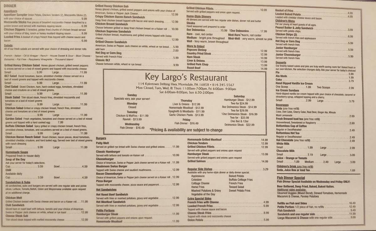 Menu at Key Largo's restaurant, Allport