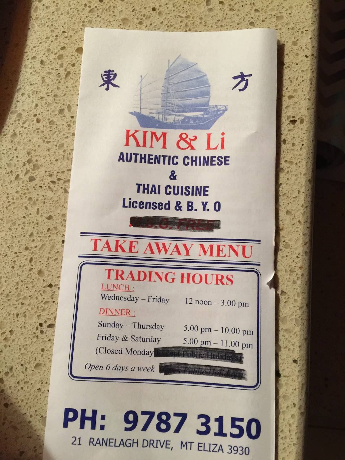 Menu at Kim & Li Chinese & Thai Restaurant, Mount Eliza