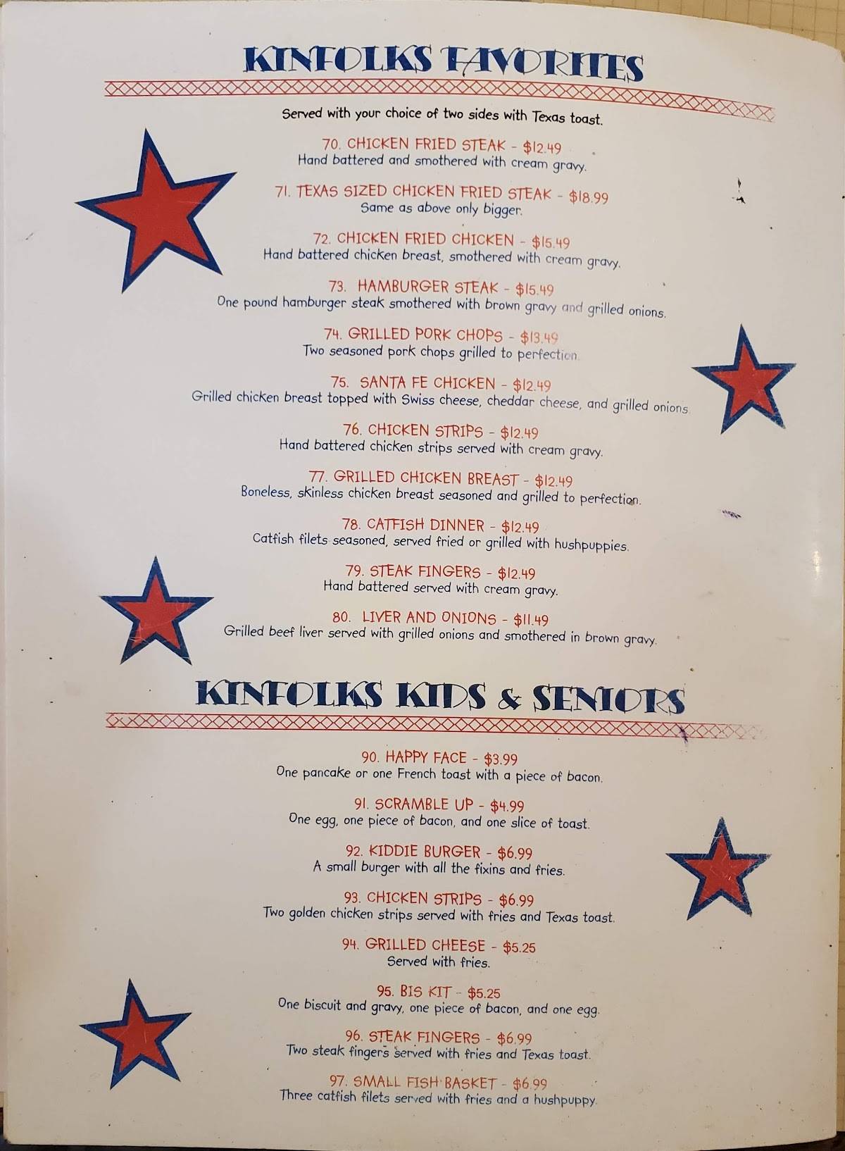 Menu at Kinfolks Restaurant, Nacogdoches