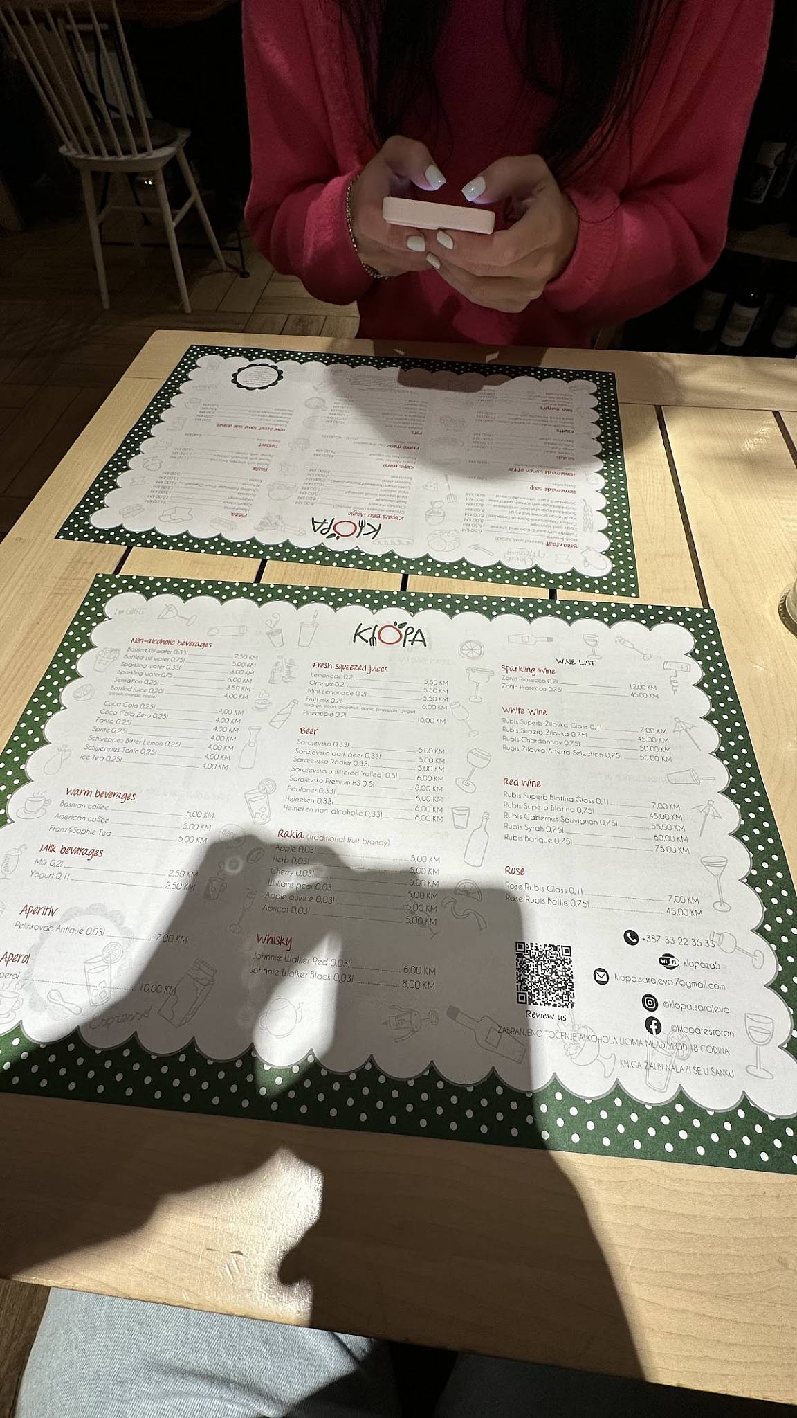 Menu at Klopa restaurant, Sarajevo