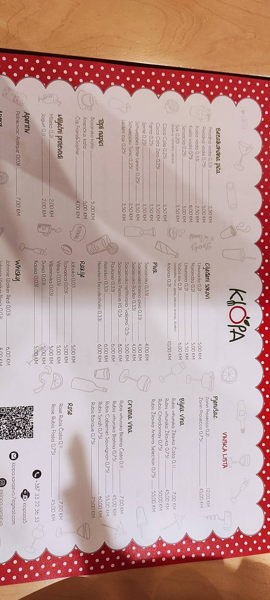 Menu at Klopa restaurant, Sarajevo
