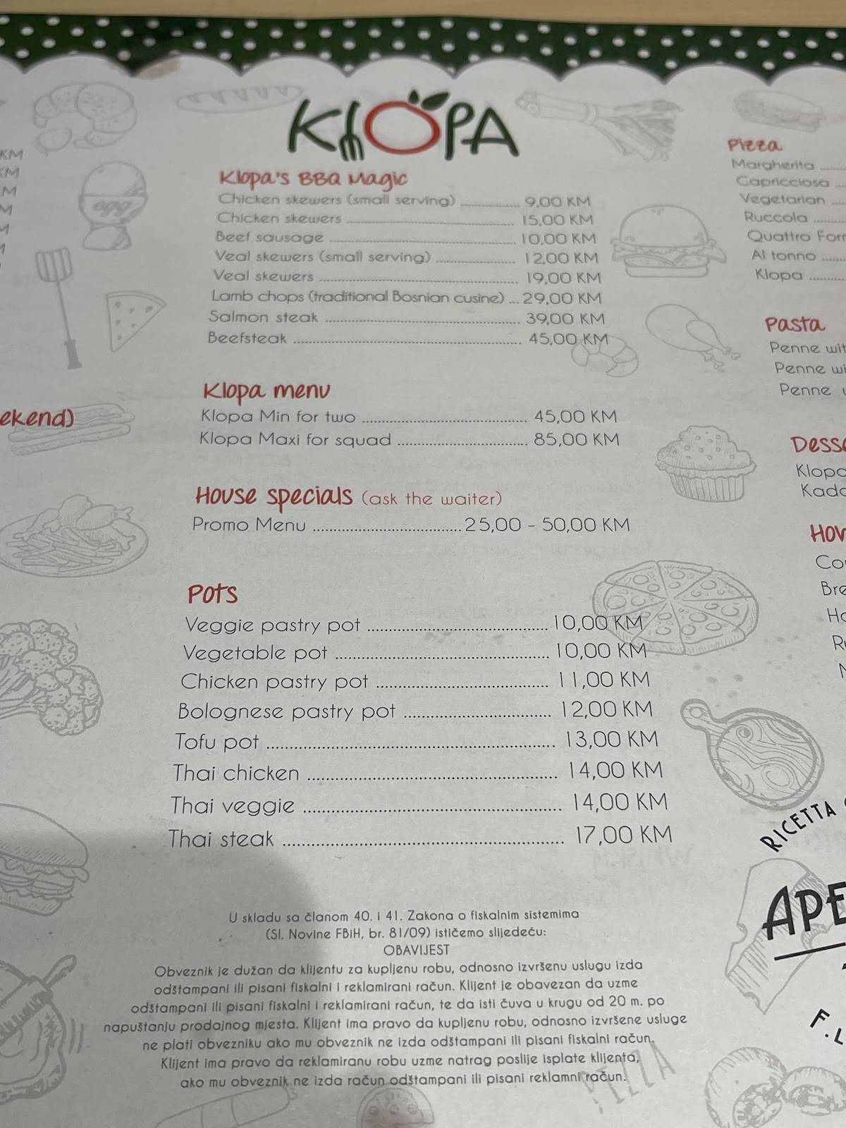 Menu at Klopa restaurant, Sarajevo