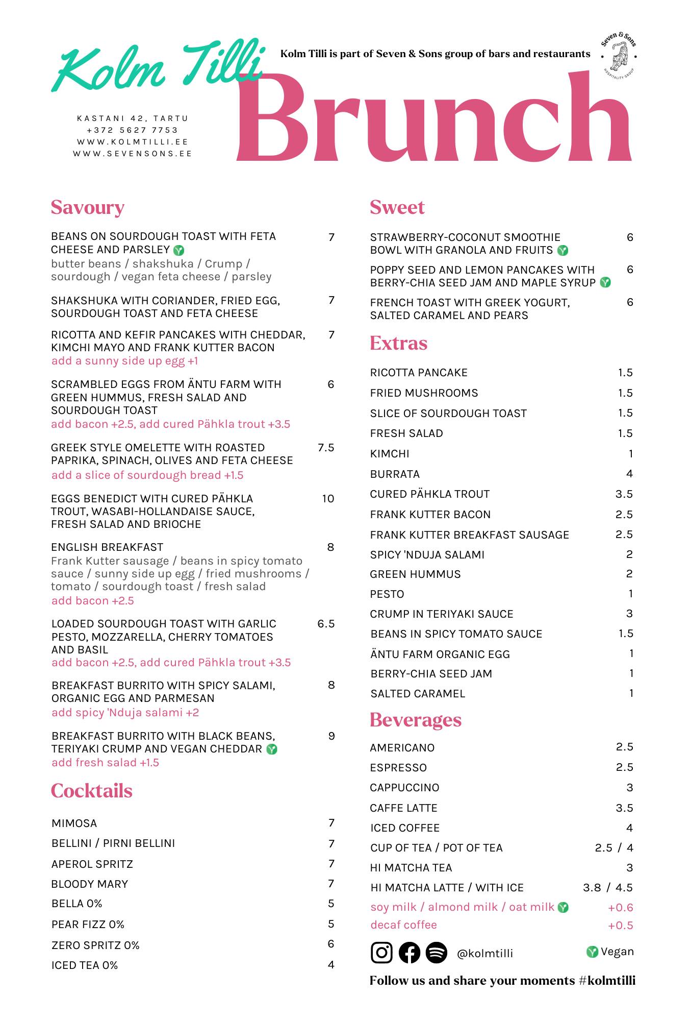 Menu at Kolm Tilli restaurant, Tartu