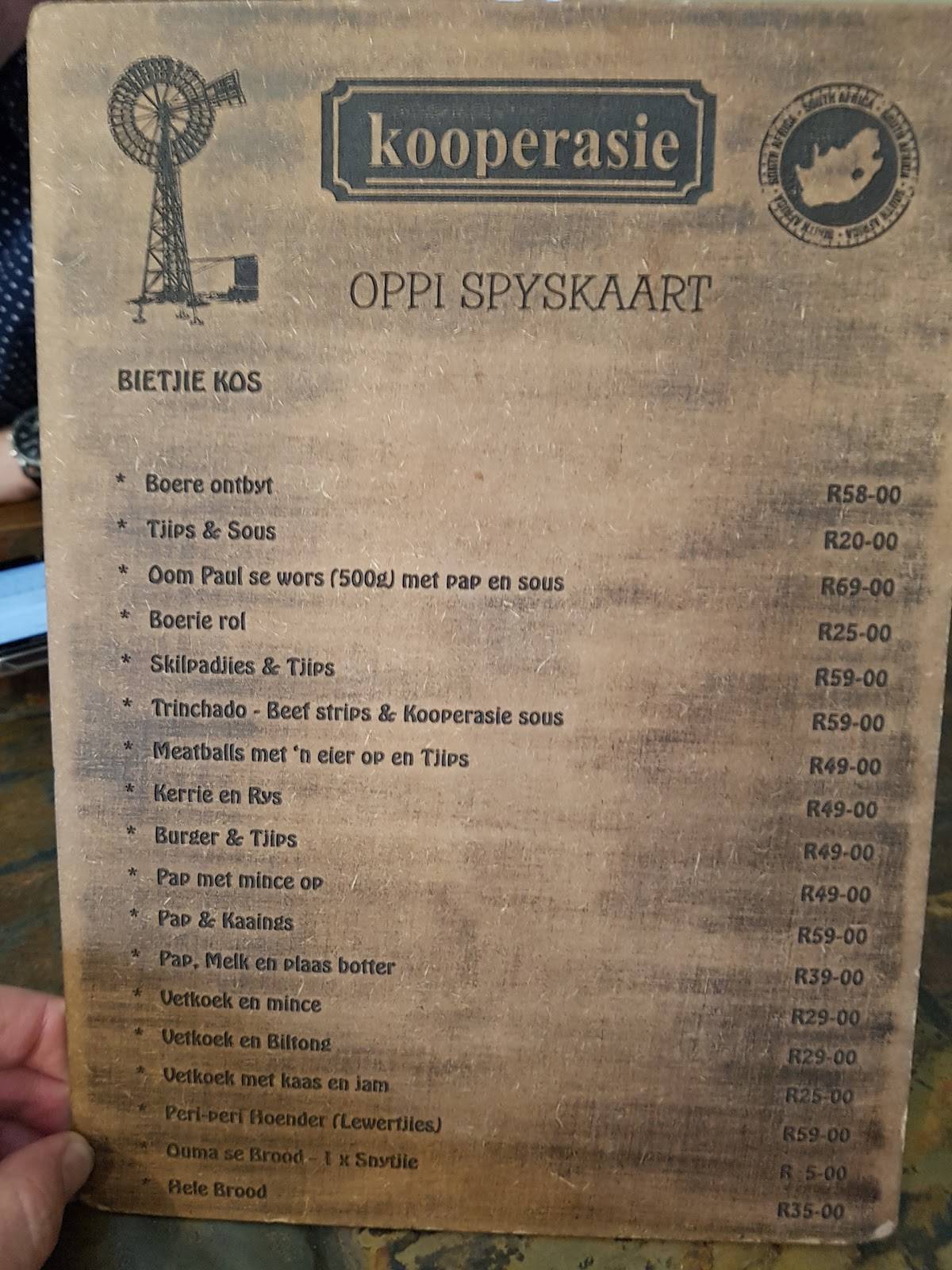 Menu at Kooperasie Kroeg & Kos restaurant, Potchefstroom