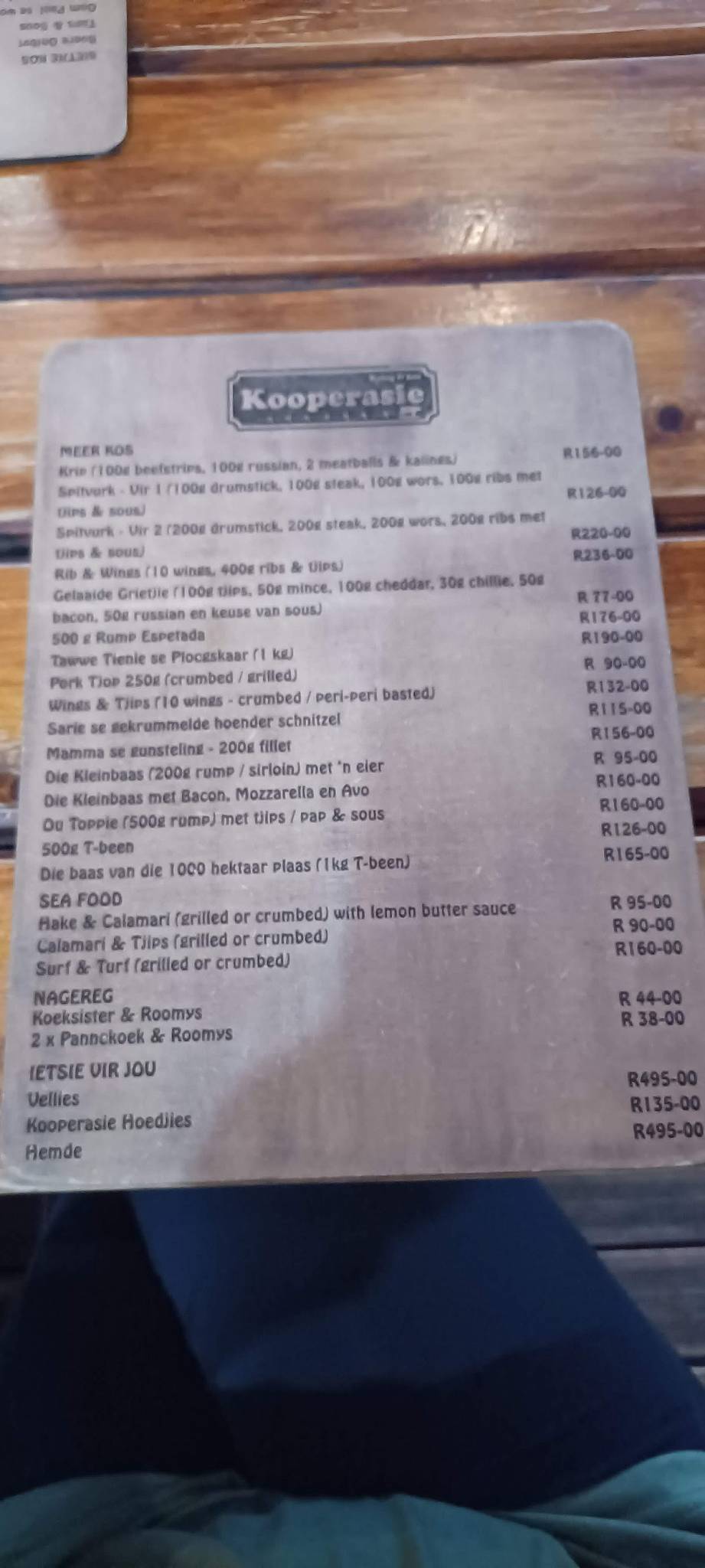 Menu at Kooperasie Kroeg & Kos restaurant, Potchefstroom