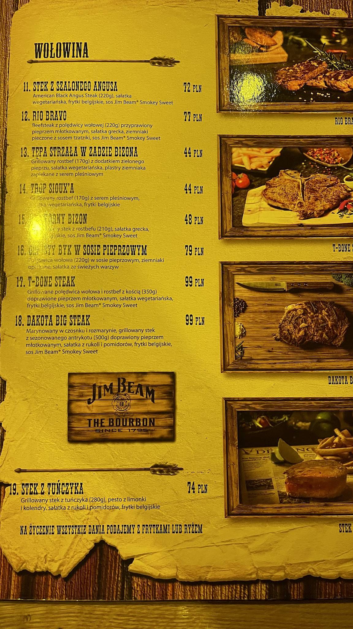 Menu at Sioux steakhouse, Kraków