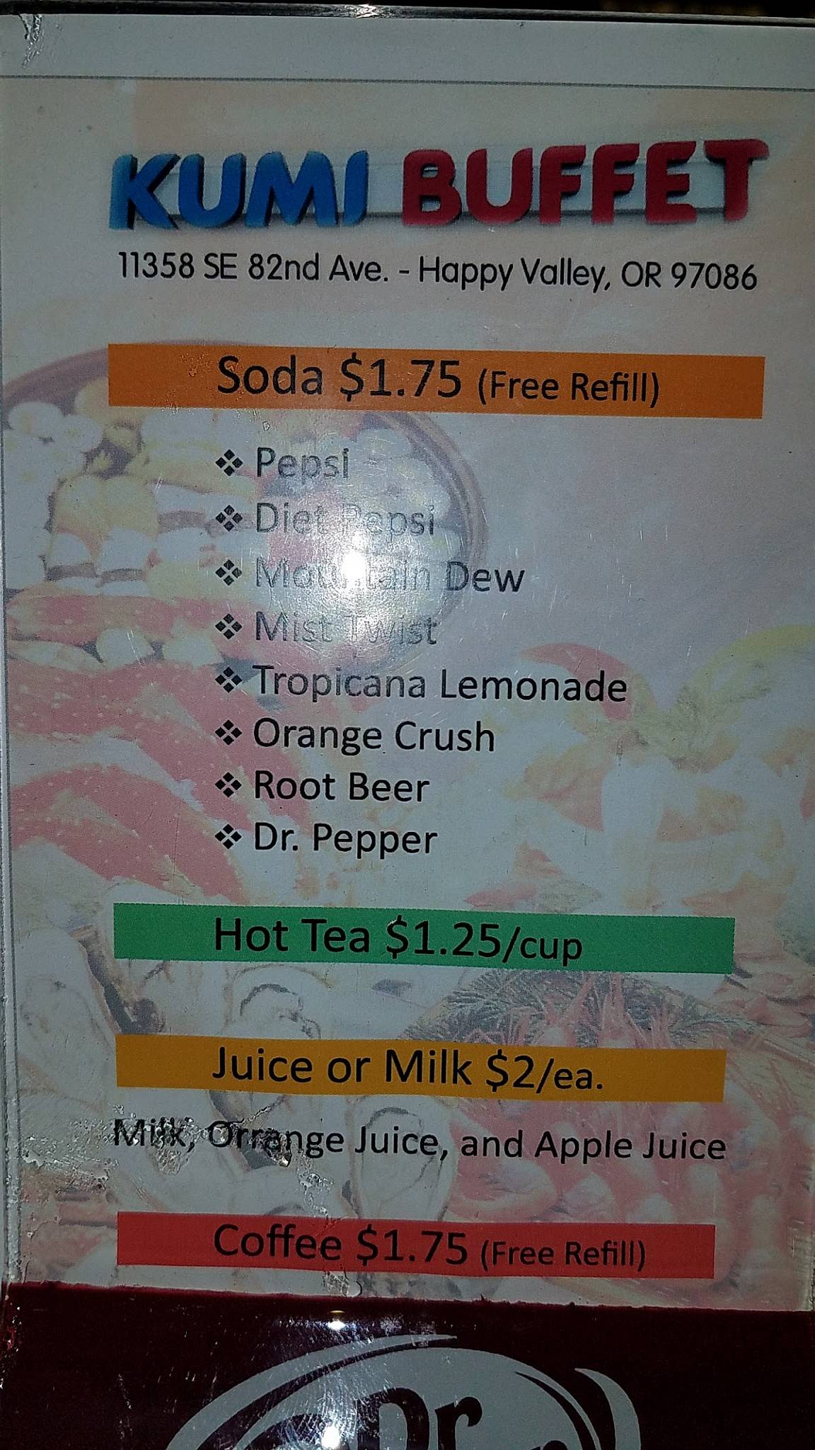 Menu at Kumi Buffet restaurant, Happy Valley
