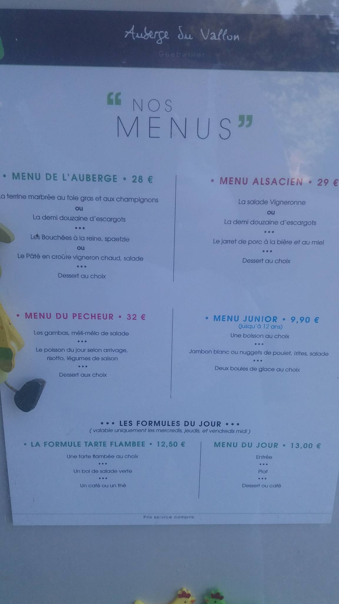 Menu au L'Auberge du Vallon restaurant, Guebwiller