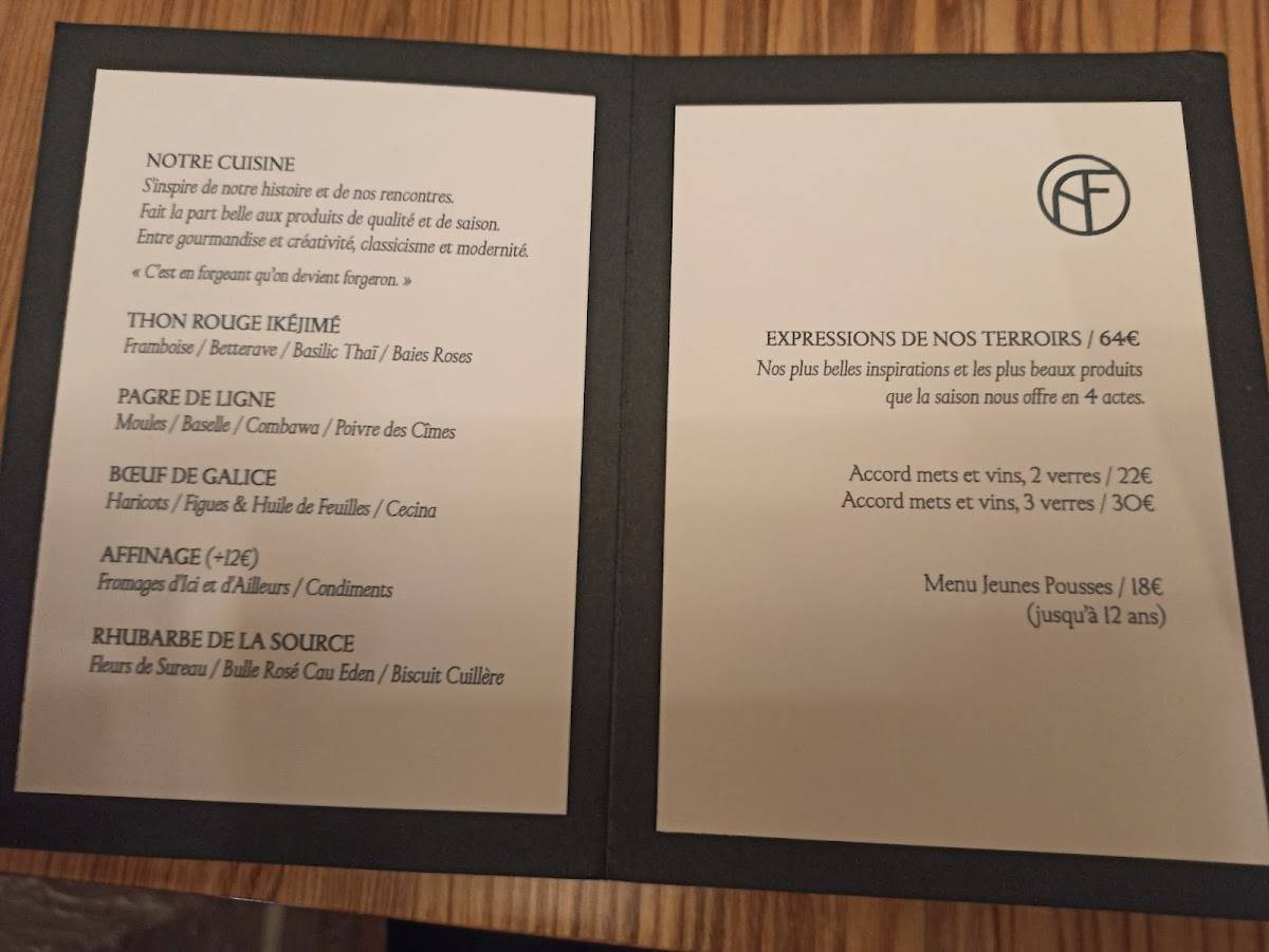Menu au L'Auberge de la Forge restaurant, Lavalette