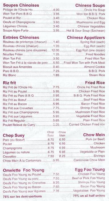 Menu au L'Oncle Ho Restaurant, Gatineau