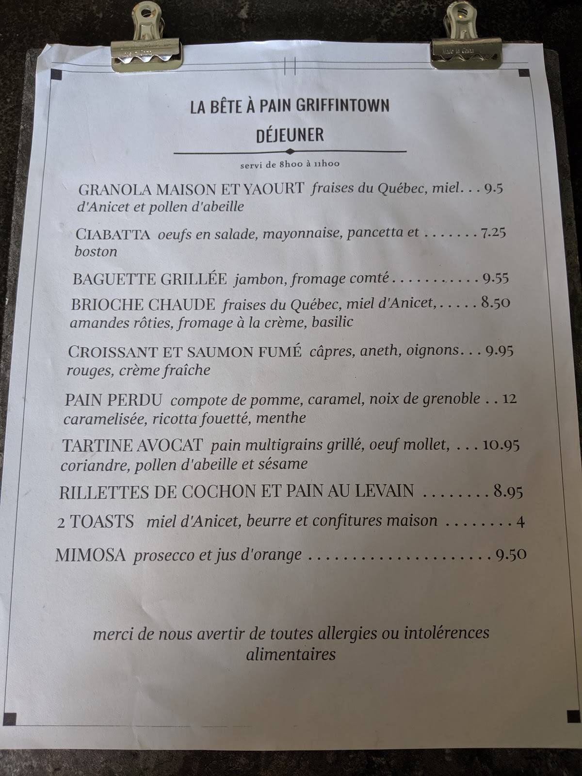 Menu au La Bête à Pain restaurant, Montréal, 195 Rue Young