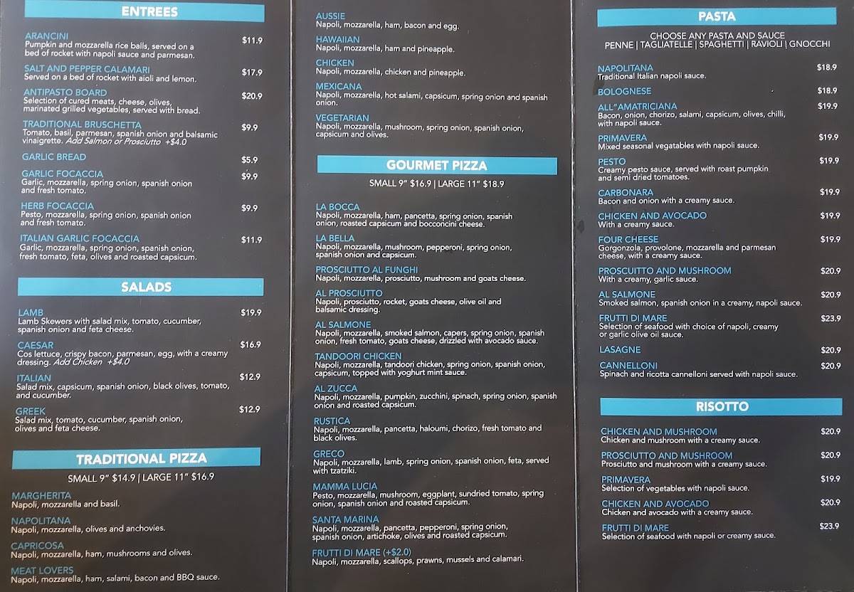 Menu at La Bocca Trattoria restaurant, Croydon