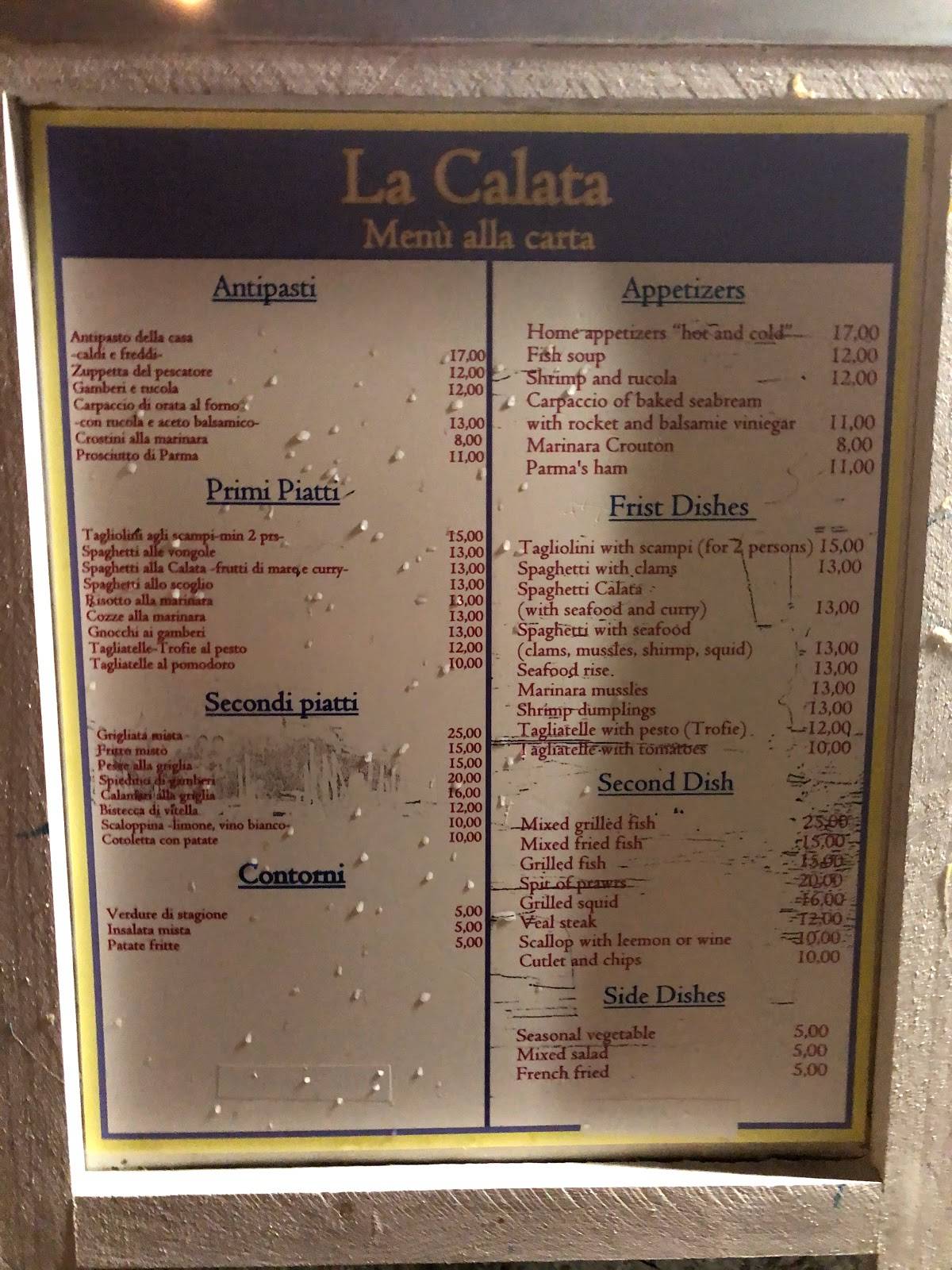 Menu da La Calata ristorante, Lerici